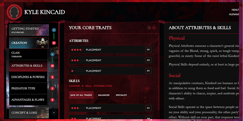 Vampire: The Masquerade NEXUS | Tools | Character Tools Overview